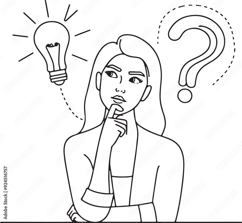 Adobe Illustrator Minimalist Line Art Woman Thinking with Idea Light ...