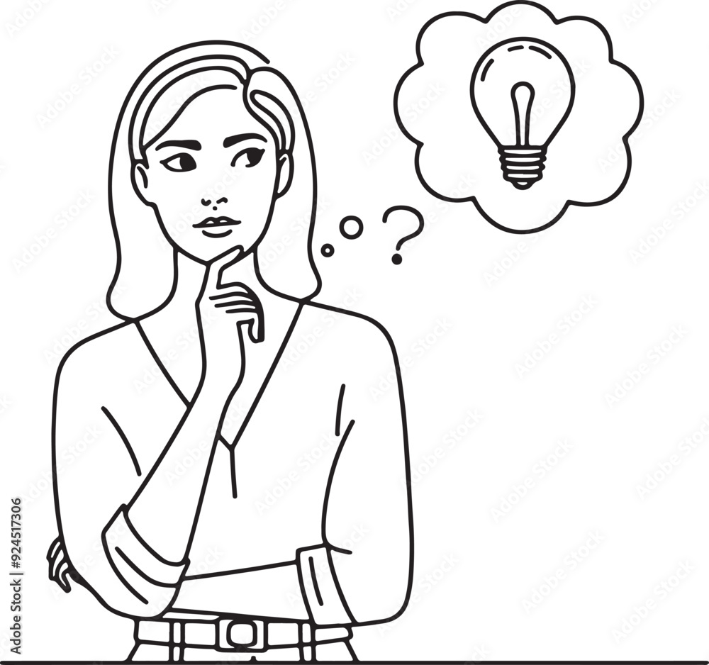 Adobe Illustrator Minimalist Line Art Woman Thinking with Idea Light ...