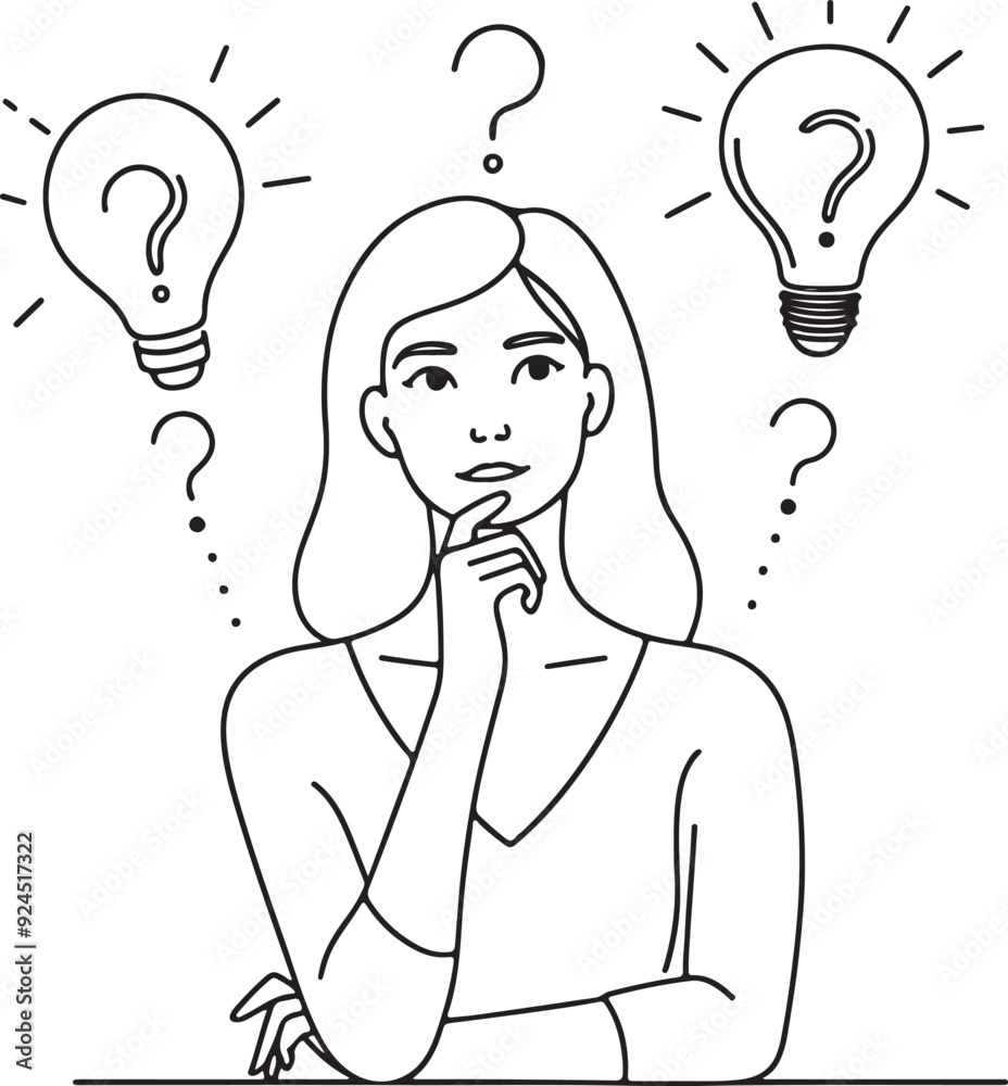 Adobe Illustrator Minimalist Line Art Woman Thinking with Idea Light ...