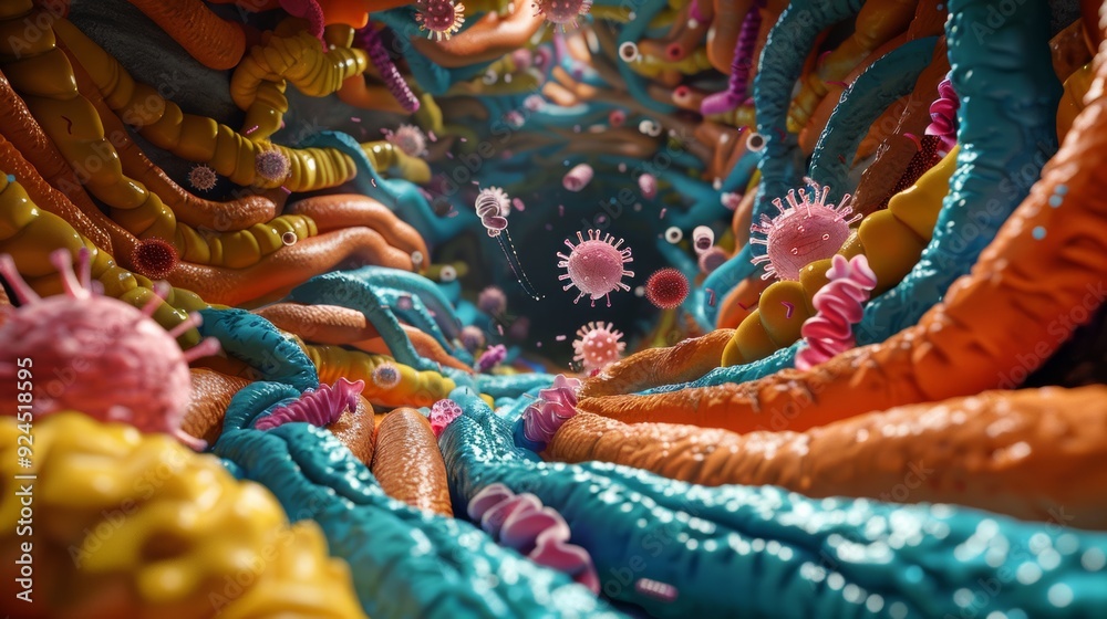 Photograph of a cross section of the human stomach with viruses and ...