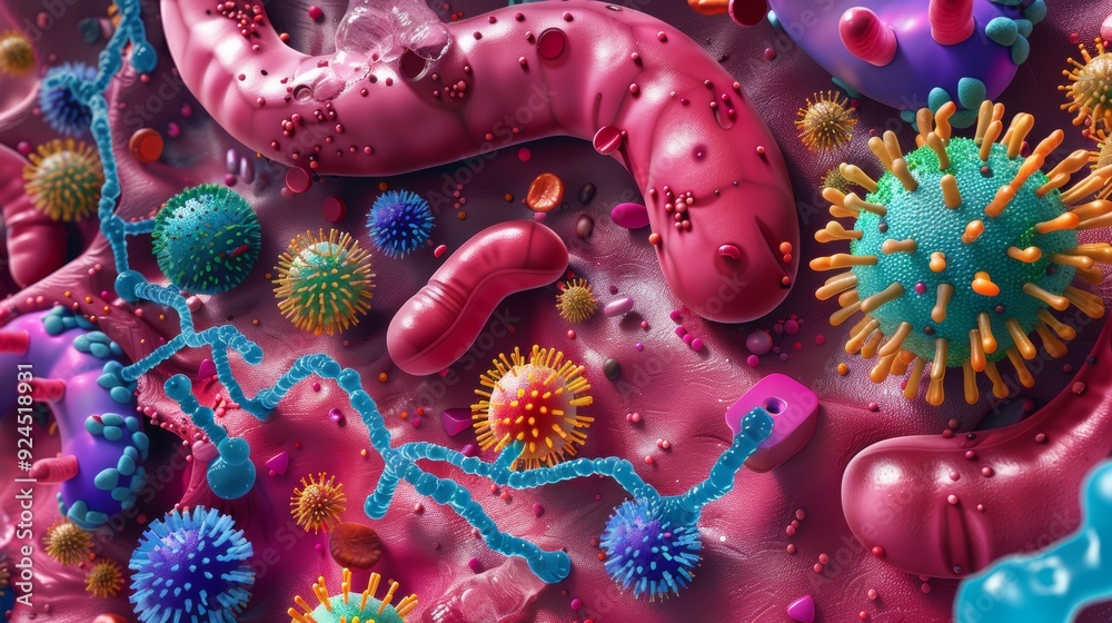 Photograph of a cross section of the human stomach with viruses and ...