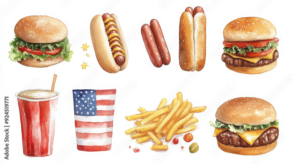 Watercolor illustration of classic American food items like hot dogs ...