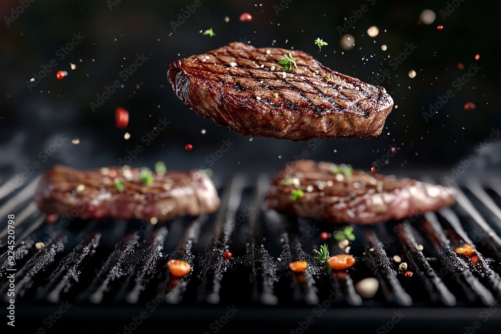 Grill Beef steaks, realistic 3d brisket flying in the air, grilled meat ...