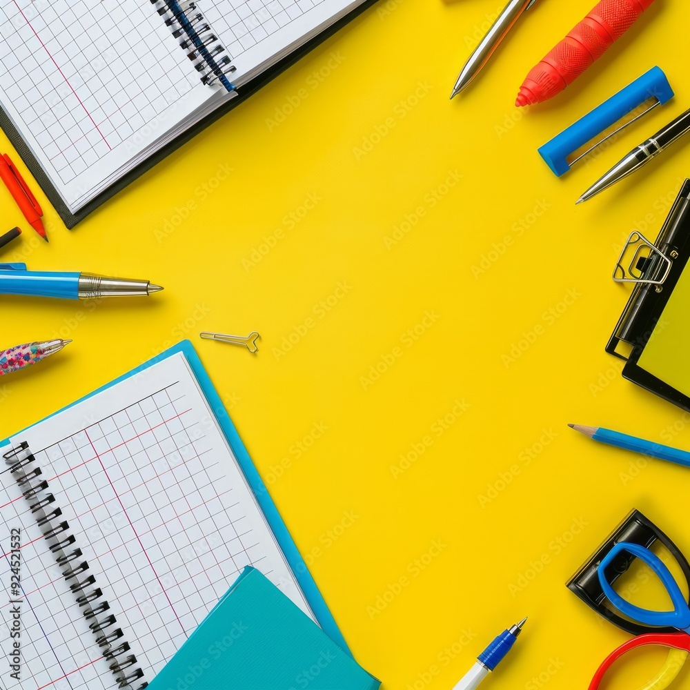 Back to school concept. Top view photo of school supplies stack of ...