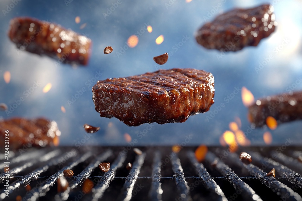 Grill Beef steaks, realistic 3d brisket flying in the air, grilled meat ...