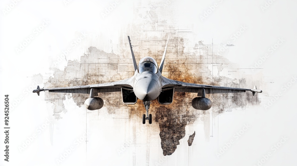 Retro fighter jet, weathered map, detailed mechanical diagrams ...