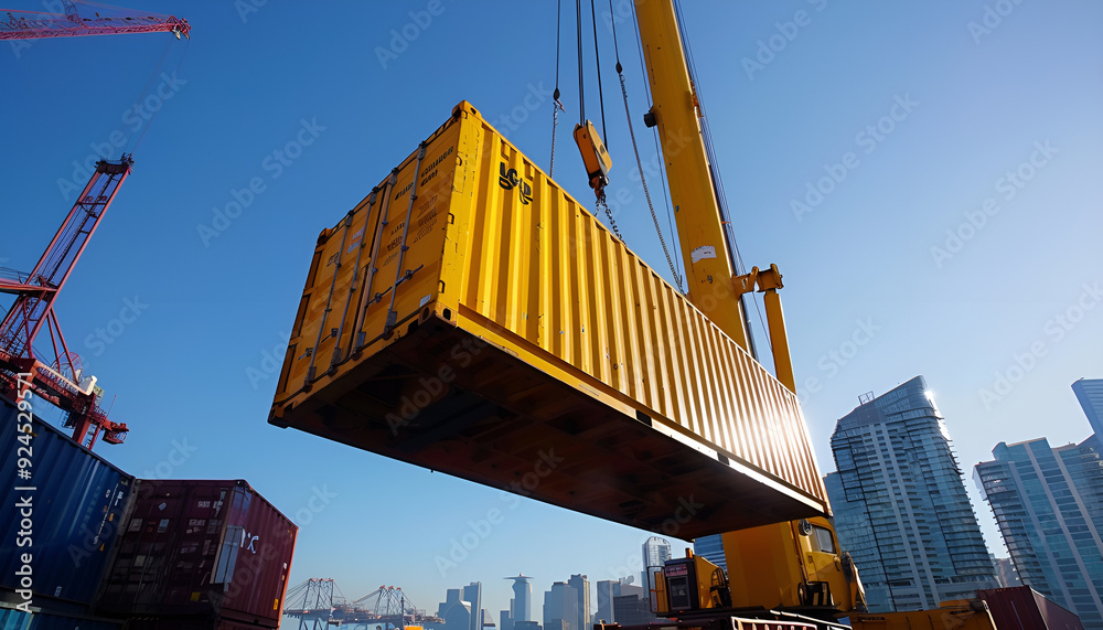 yellow shipping container being lifted by a crane at a busy port Stock ...