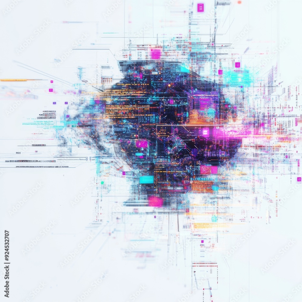 Abstract Representation of Artificial Intelligence: Overlapping Shapes and Code Snippets on a ...