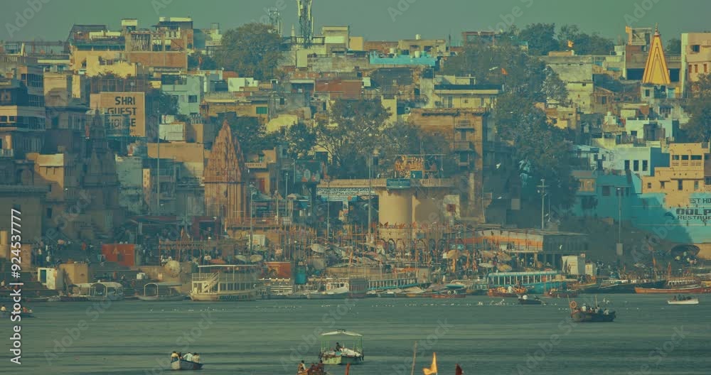 Varanasi, India. Boats Floating Near Rana Mahal Ghat, Darbhanga Ghat ...