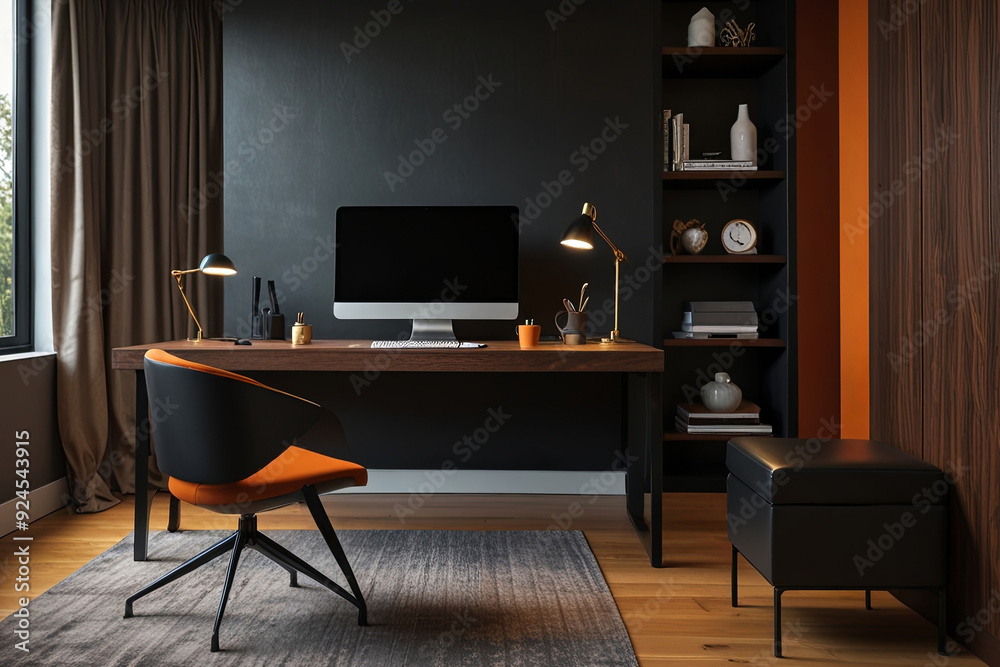 Sleek modern computer desk setup with dual monitors in a warmly lit ...