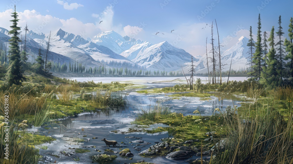 Artistic depiction of a tundra ecosystem, including permafrost, low ...