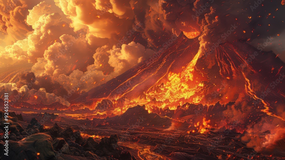 Artistic depiction of a volcanic eruption, illustrating the flow of ...