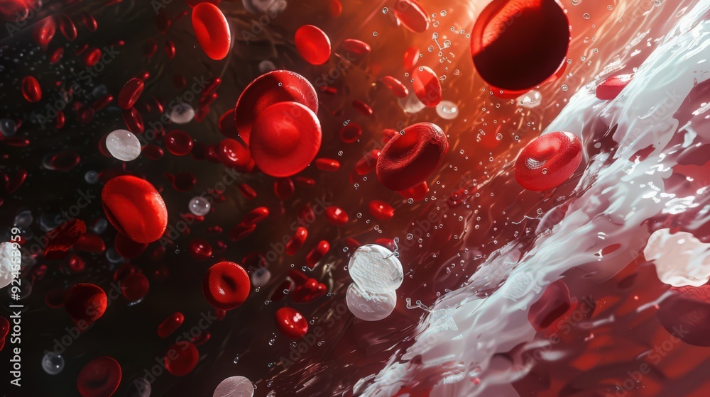 Artistic depiction of the blood, illustrating red and white blood cells ...