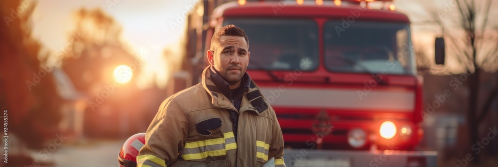 A firefighter stands in front of a fire truck during sunset, reflecting ...