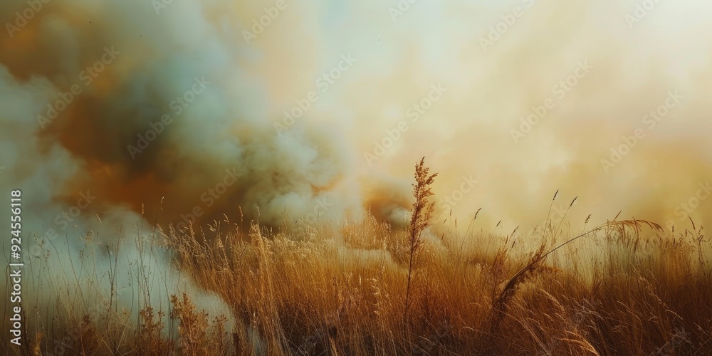 Smoke rising from steppe grass fire Dense white smoke from forest fire ...
