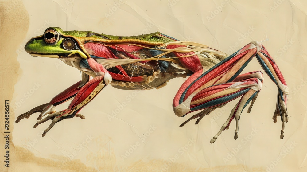 Artistic representation of a frog's muscular system, highlighting the ...