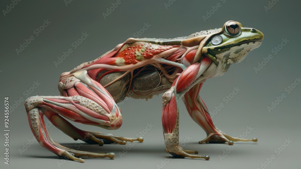Artistic representation of a frog's muscular system, highlighting the ...