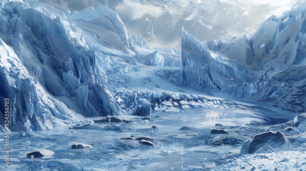 Artistic representation of a glacier, illustrating the movement of ice ...