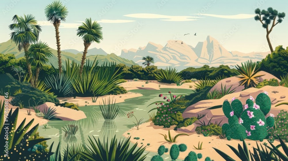 Illustration of a desert oasis ecosystem, highlighting the unique flora ...