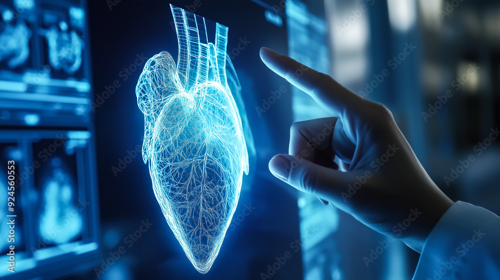 A hand of doctor points at a human heart X-ray on a monitor. The ...