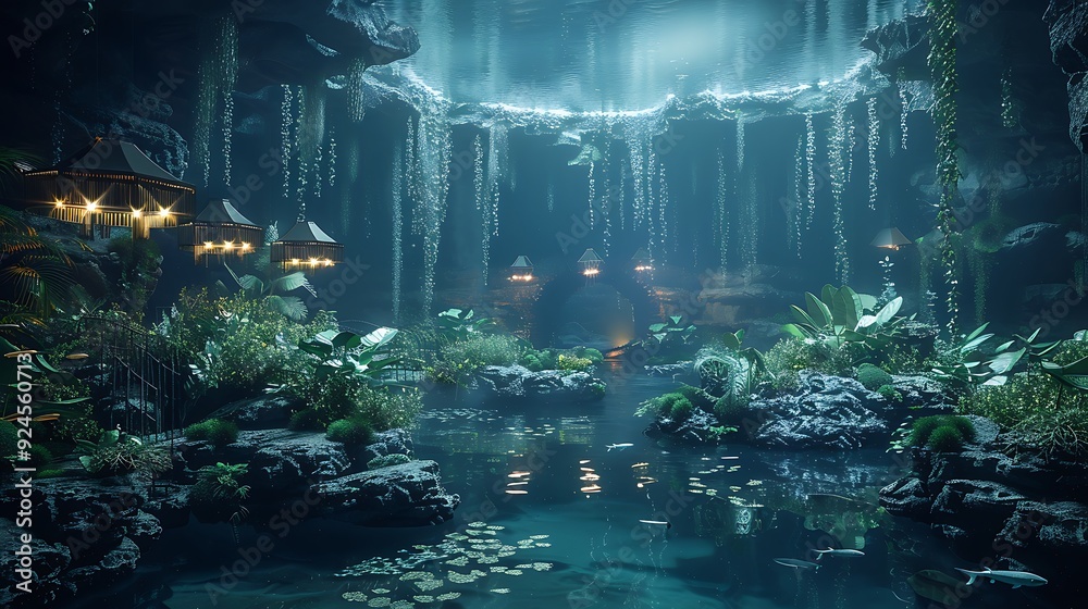 An aquarium designed as a mystical cavern, featuring dark cave ...