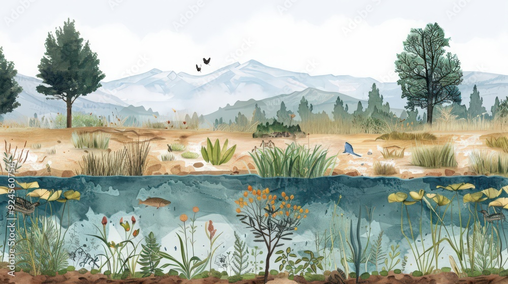 Illustration of a riparian ecosystem, showing the transition zone ...