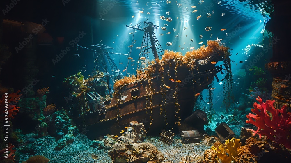 An aquarium designed as an underwater shipwreck scene, with a sunken ...