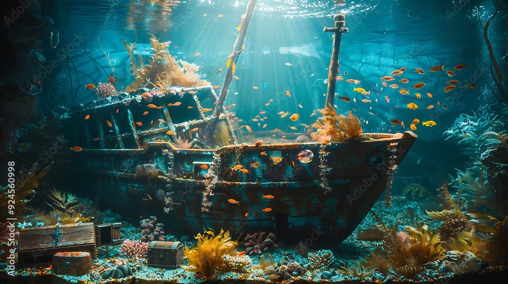 An aquarium designed as an underwater shipwreck scene, featuring a ...