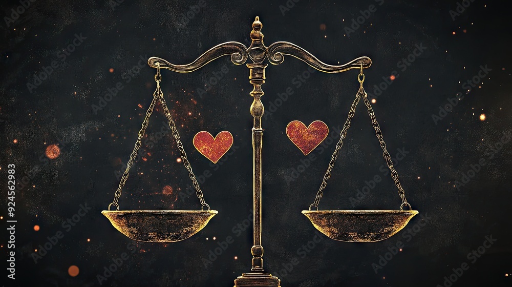 Scales of justice balanced with symbols of love and equality ...