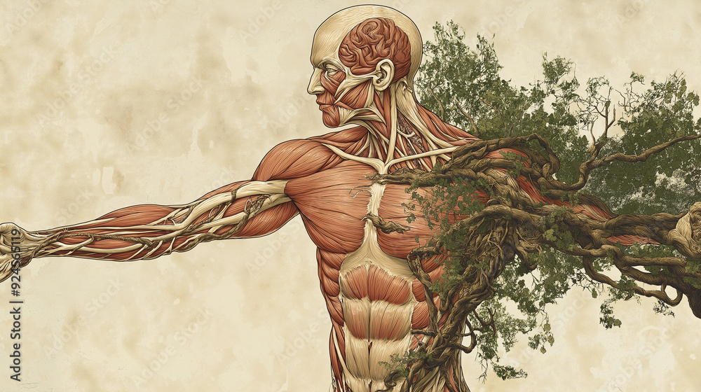 Detailed anatomical diagram of muscles intertwined with nature, where ...
