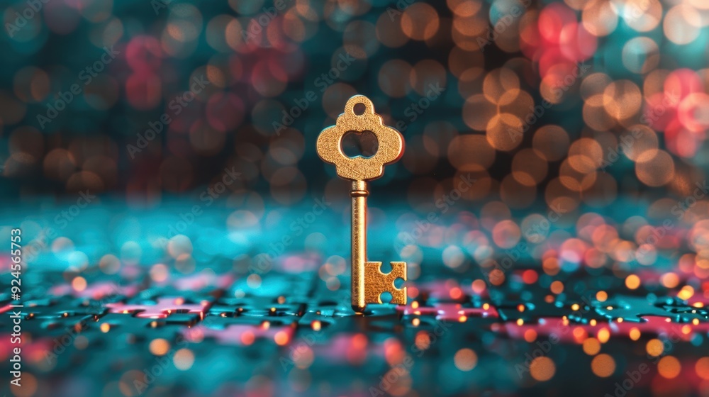 An abstract image of a golden key floating above a puzzle piece ... An abstract image of a golden key floating above a puzzle piece ...