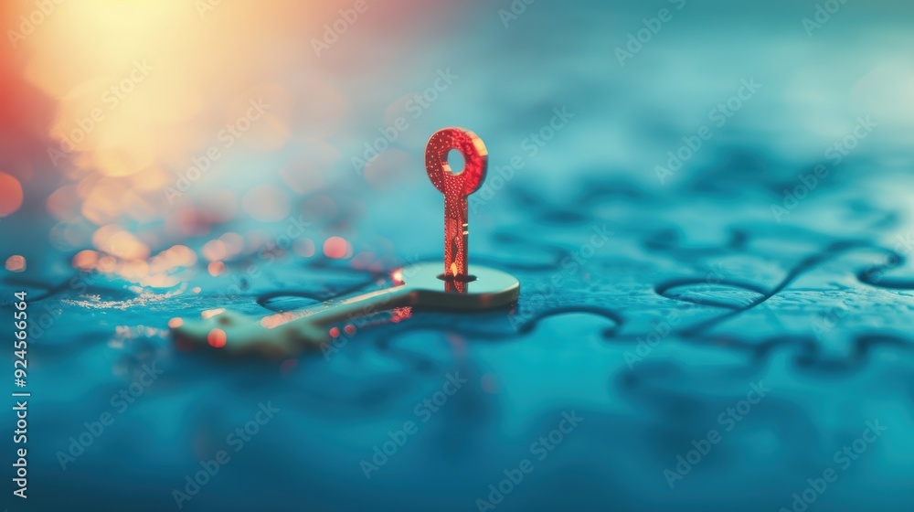 Abstract image of a puzzle with a key piece fitting perfectly ...