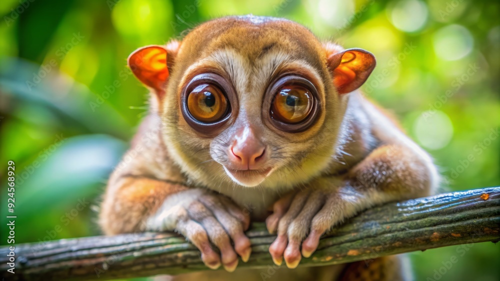 Adorable nocturnal primate with huge round eyes and a tiny body perches ...