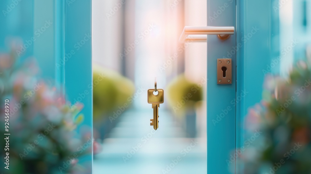 A modern commercial door with a key prominently featured in the lock ...