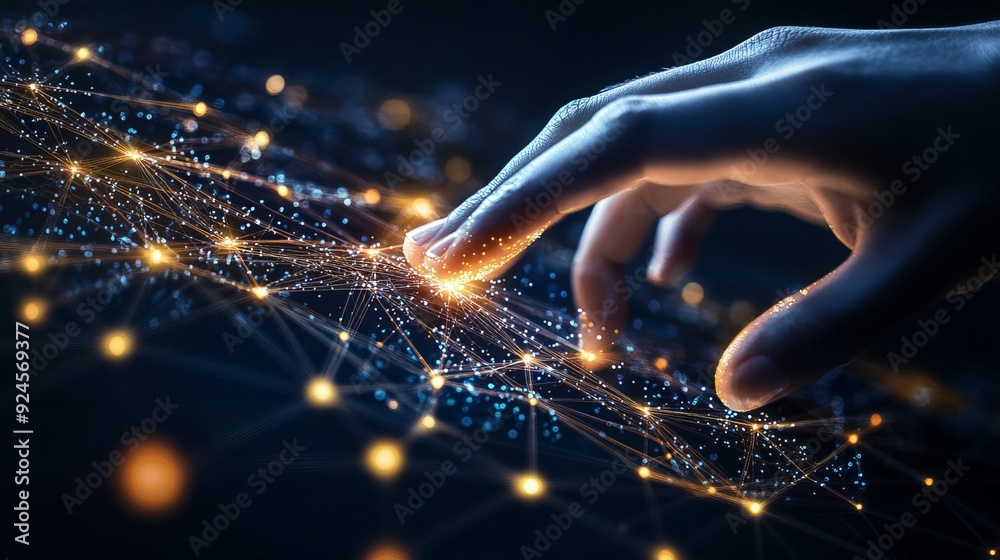 Hand interacting with a global data network structure, representing the ...
