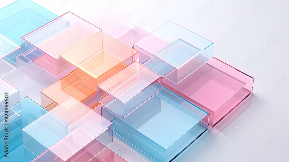 A vibrant 3D background with layered, translucent shapes overlapping to ...