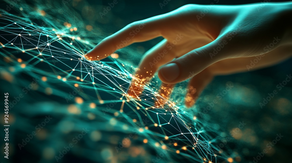 Hand interacting with a global data network structure, representing the ...