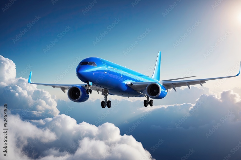 Sleek Blue Commercial Jet Flying Through Clouds Against an Azure ...