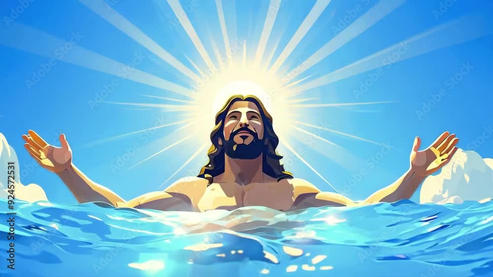 Baptism of Jesus Christ with a halo and sunlight in the Jordan River ...