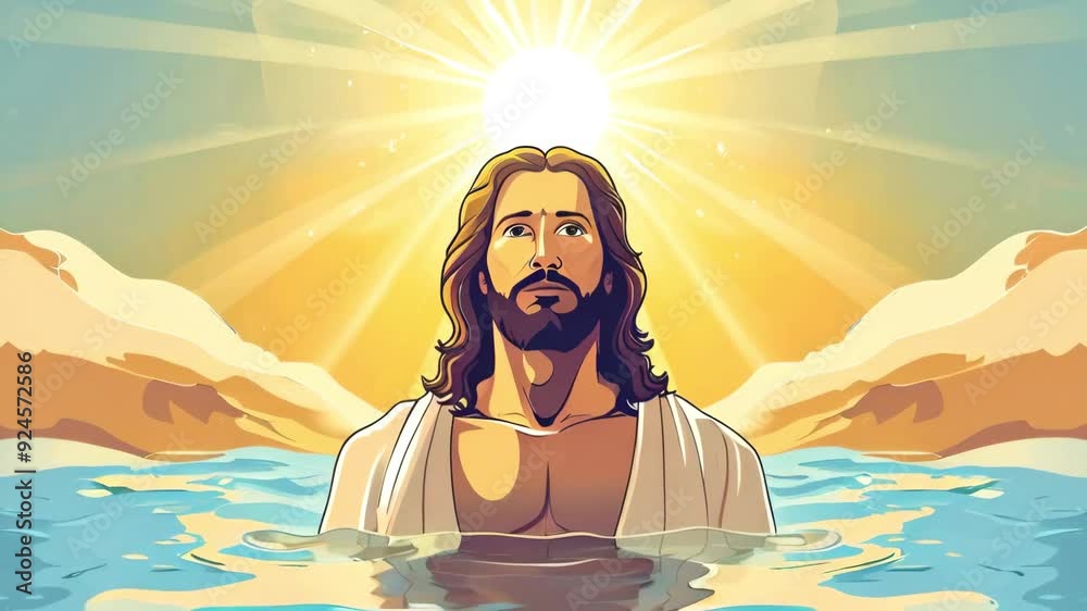 Baptism of Jesus Christ with a halo and sunlight in the Jordan River ...