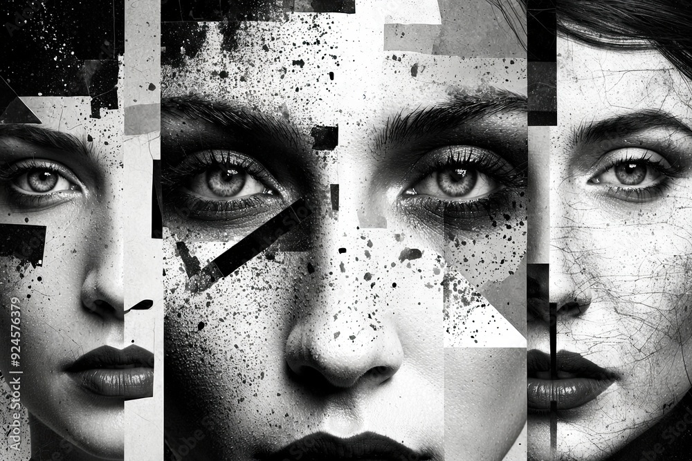 Fragmented Visions: Abstract Black and White Face Collage with Gritty ...