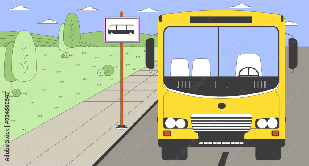 School bus stop roadside cartoon flat illustration. Road sign busstop ...