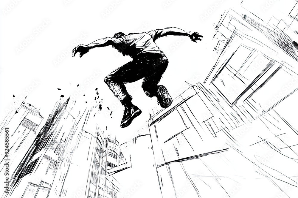 Sleek one line art of a parkour athlete leaping between buildings ...