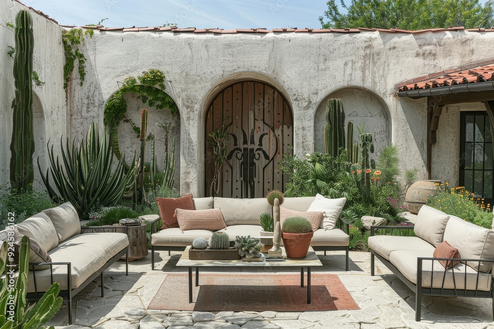 Small outdoor patio with arched white stucco wall, black steel gate ...