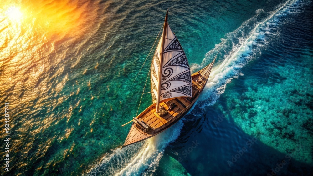 Sunset Sail An Aerial View of a Traditional Polynesian Boat with Ornate ...