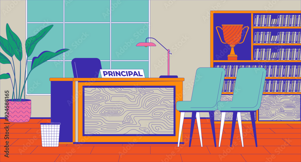 School principal office furnishing cartoon flat illustration. Desk with ...