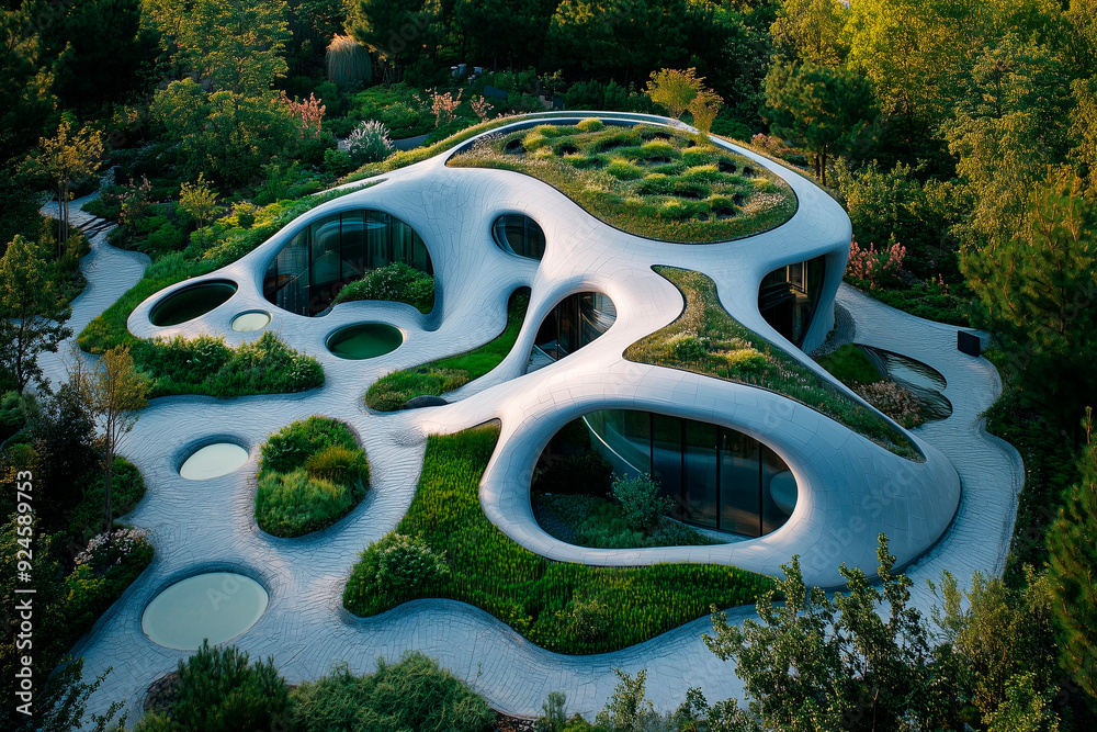 Futuristic building in a garden. Green live structure. Modern bio ...