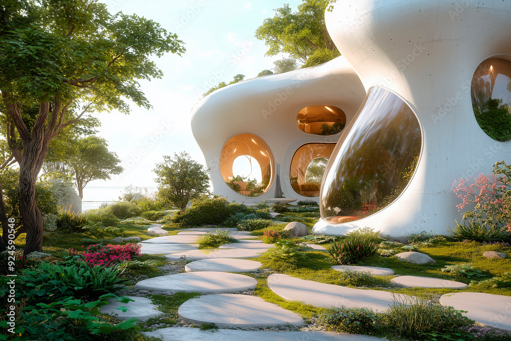 Futuristic building in a garden. Green live structure. Modern bio ...