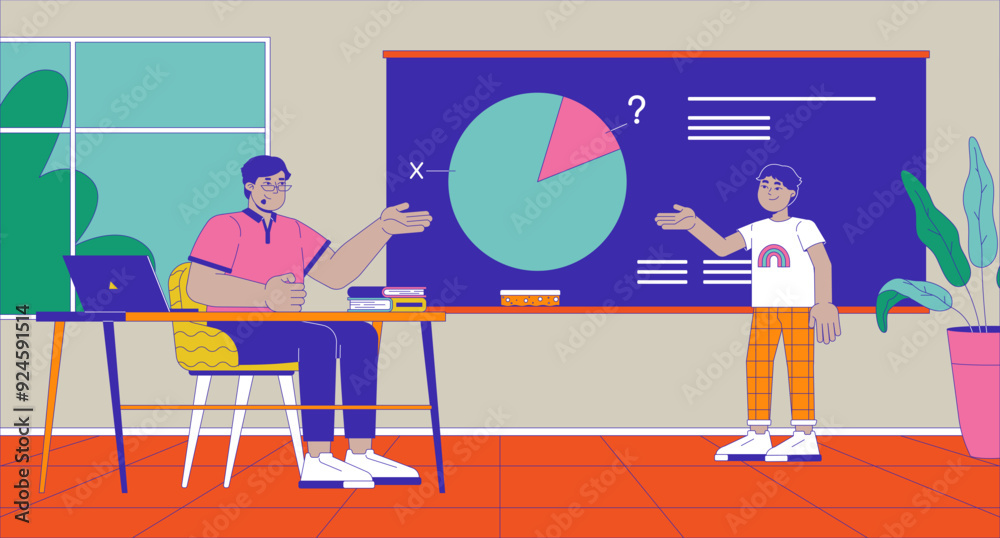 Student solving math problem with teacher at blackboard cartoon flat ...