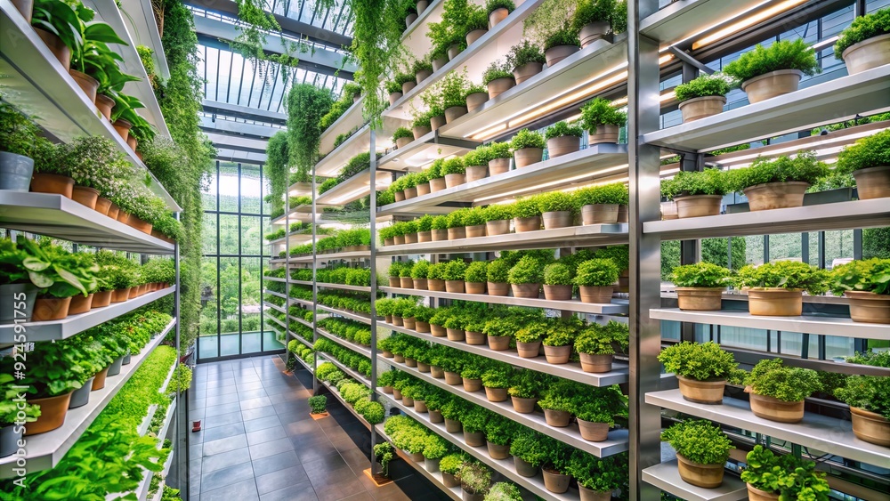 Lush greenery thrives in a modern urban oasis, where vertically stacked ...